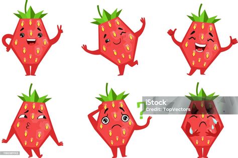 귀여운 딸기 만화 캐릭터 와 다양한 감정 세트 벡터 일러스트 개체 그룹에 대한 스톡 벡터 아트 및 기타 이미지 개체 그룹 과일 독일 Istock