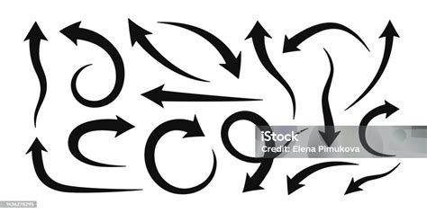 손으로 그린 화살표는 다른 방향으로 그려집니다 낙서 굵은 검은 화살표 디자인 포인터 아이콘이 설정된 선입니다 흰색 배경에 고립된 벡터 일러스트 레이 션 가리키기에 대한 스톡