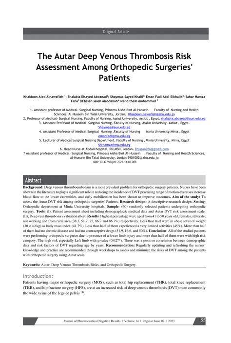 Pdf The Autar Deep Venous Thrombosis Risk Assessment Among Orthopedic