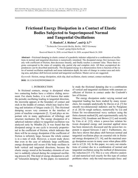 Pdf Frictional Energy Dissipation In A Contact Of Elastic Bodies