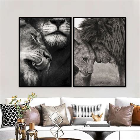 Quadros Casal De Leões Romance Canvas Moldura Duo