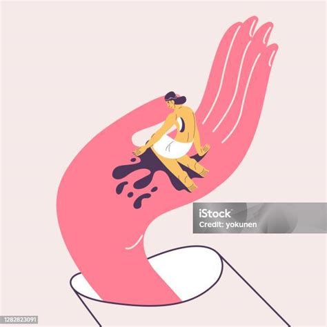 손실로 인해 고통받는 여성을위한 도움의 손길 유방에 구멍이있는 여성 슬프고 우울한 캐릭터와 개념 일러스트 가공의 인물에 대한