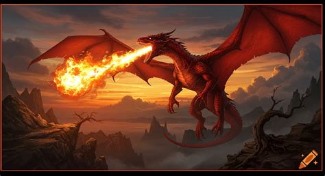 A Large Red Dragon With Outstretched Wings Breathes Fire Over A