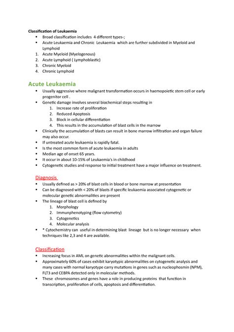 Acute Myeloid Leukaemia Classification Of Leukaemia Broad Classification Includes 4 Different