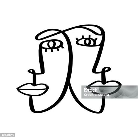 추상 선 연속 면 현대적인 입체 스타일의 현대적인 드로잉 두 여성의 얼굴 모양의 초상화 현대 추상 그래픽 요소 트렌디 벡터