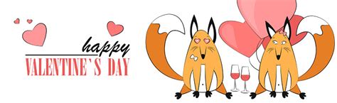 발렌타인 데이를 위한 넓고 귀여운 배너 풍선 하트를 가진 재미있는 여우 낭만적인 저녁 식사에서 사랑에 빠진 커플 Happy Valentines Day라는 문구가 새겨진