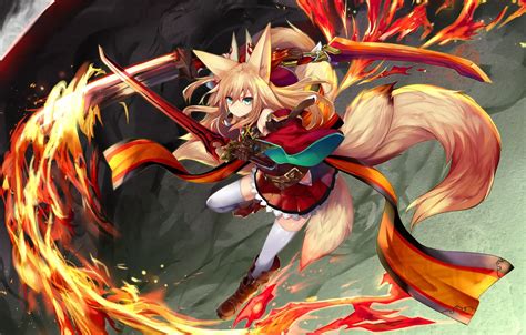 Обои взгляд оружие аниме арт девочка лисичка картинки на рабочий