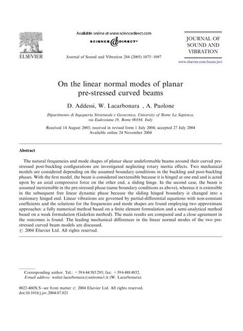 Pdf On The Linear Normal Modes Of Planar Pre Stressed Curved Beams
