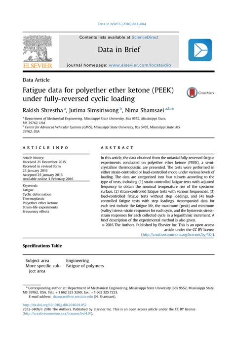 Pdf Fatigue Data For Polyether Ether Ketone Peek Under Fully Reversed Cyclic Loading