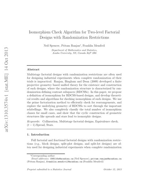 Pdf Isomorphism Check Algorithm For Two Level Factorial Designs With