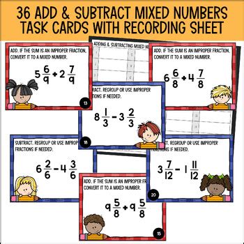Adding Subtracting Mixed Numbers Task Cards Math Practice Review Activity