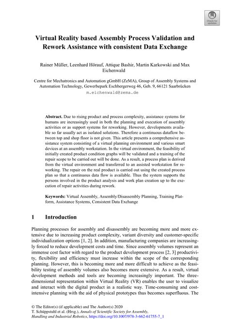 Pdf Virtual Reality Based Assembly Process Validation And Rework