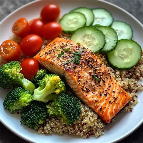Grilled Salmon Power Plate With Quinoa And Steamed Veggies