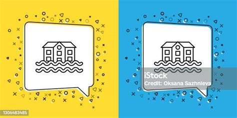 노란색과 파란색 배경에 격리 된 세트 하우스 홍수 아이콘을 설정합니다 물 속에서 집 홍수 보험 개념 보안 안전 보호 개념을 보호합니다 벡터 개념에 대한 스톡 벡터 아트 및