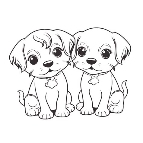 두 마리의 귀여운 강아지가 고개를 들고 앉아 색칠 페이지 개요 스케치 드로잉 벡터 귀여운 강아지 그리기 귀여운 강아지 개요 귀여운 강아지 스케치 Png 일러스트 및