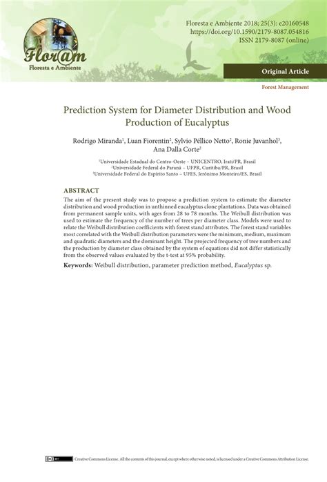 Pdf Prediction System For Diameter Distribution And Wood Production Of Eucalyptus