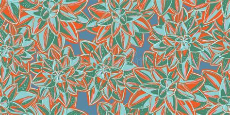 Stylized Retro Layered Succulents Vector Seamless Overlapping Pattern