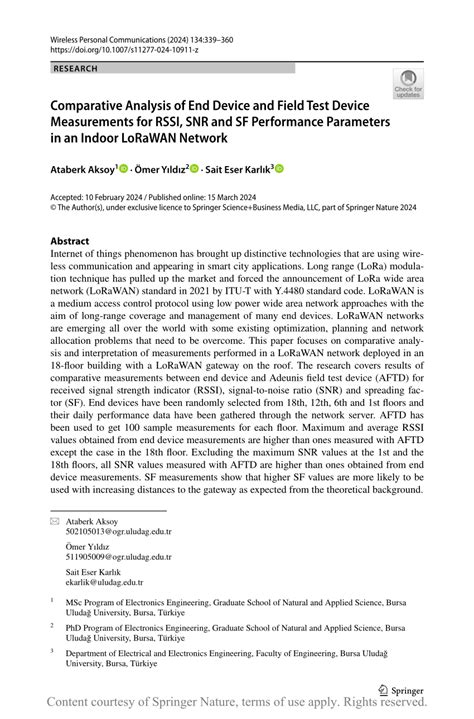 Comparative Analysis Of End Device And Field Test Device Measurements For Rssi Snr And Sf