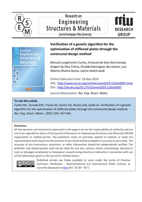 Pdf Verification Of A Genetic Algorithm For The Optimization Of Stiffened Plates Through The