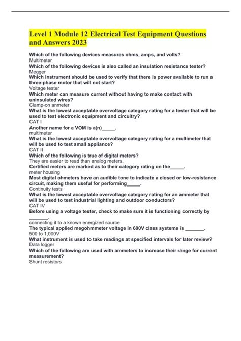 Level 1 Module 12 Electrical Test Equipment Questions And Answers 2023