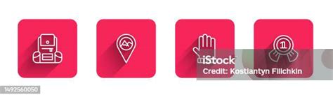 세트 라인 하이킹 배낭 산이 있는 위치 크리스마스 벙어리 장갑 및 긴 그림자가 있는 메달 빨간색 사각형 버튼입니다 벡터 0명에 대한 스톡 벡터 아트 및 기타 이미지 Istock