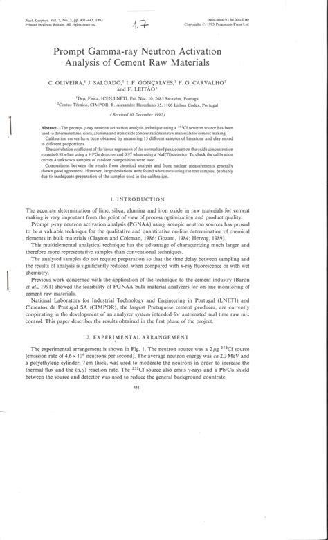Pdf Prompt Gamma Neutron Activation Analysis Of Cement Raw Materials