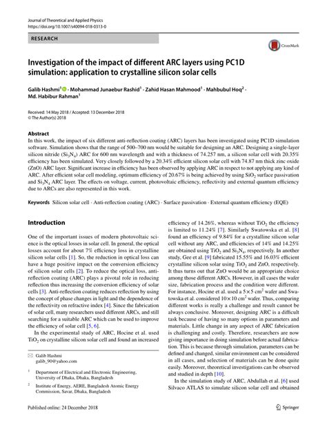 Pdf Investigation Of The Impact Of Different Arc Layers Using Pc1d Simulation Application To