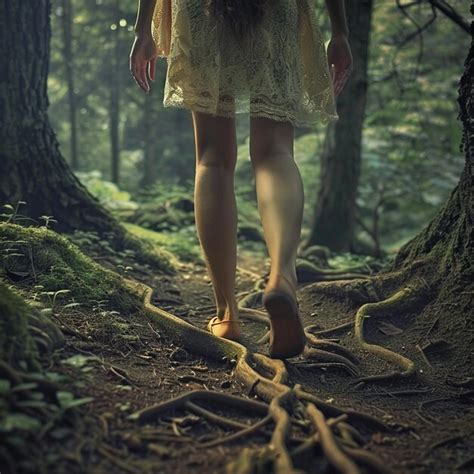 Premium Photo Woman Legs In Forest Turning Into Tree Roots