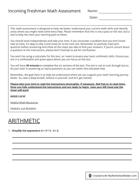 Incoming Freshman Math Assessment My Worksheet Maker Create Your Own