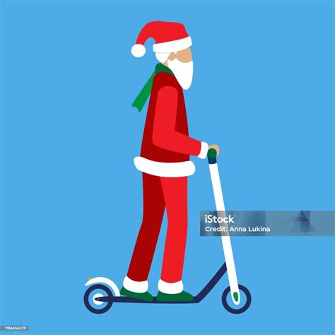 현대 산타 클로스는 고립 된 전기 킥 스쿠터를 타고 흰 수염과 머리카락을 가진 노인은 친환경 도시 교통수단을 이용합니다 새해 및 크리스마스 프로모션 대여 또는 공유 모터