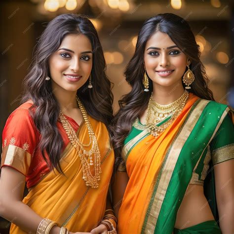 Lindas Duas Mulheres Indianas Vestindo Saree Indiano Foto Premium