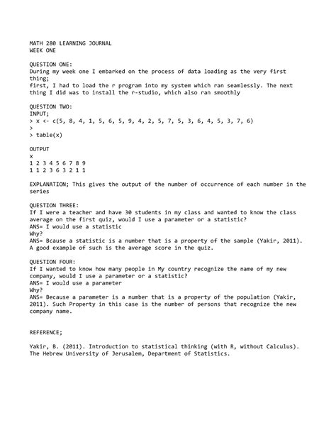 Math 1280 Learning Journal Unit 1 Math 280 Learning Journal Week One Question One During My
