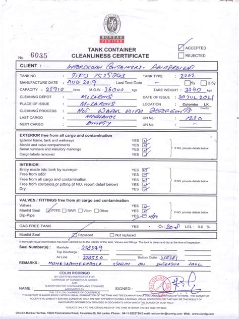 Cleanliness Certificates Tifu1525743 Pdf