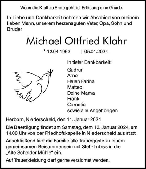 Traueranzeigen Von Michael Ottfried Klahr Vrm Trauerde