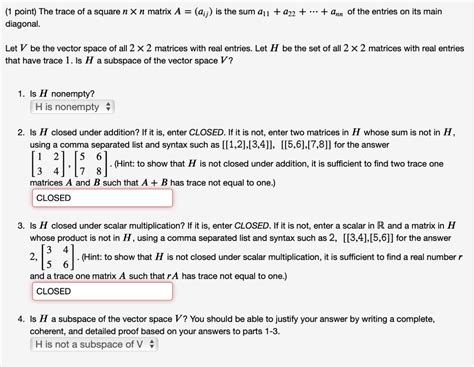 solved its main 1 point the trace of a square n x n matrix