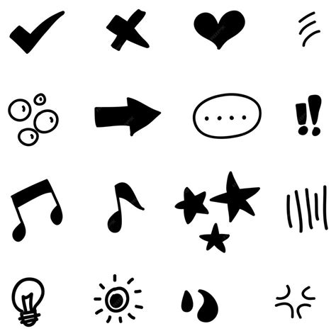 Handdrawn Cartoony 식 기호 낙서 곡선 방향 화살표 이모티콘 효과 디자인 요소 만화 캐릭터 감정 기호 귀여운 장식 브러쉬 선 라인의 벡터 세트 프리미엄 벡터