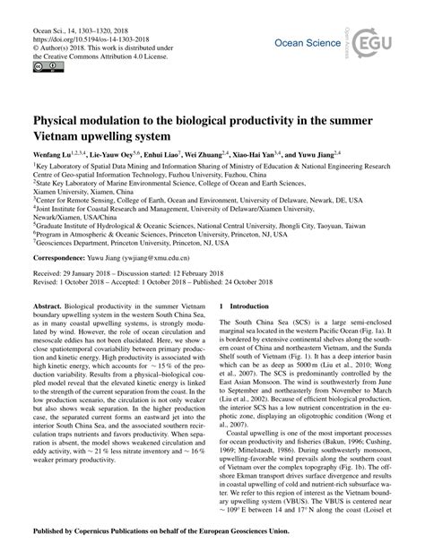 Pdf Physical Modulation To The Biological Productivity In The Summer Vietnam Upwelling System