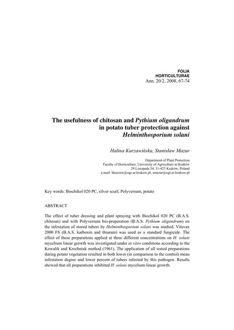 Pdf The Usefulness Of Chitosan And Pythium Oligandrum In Potato Tuber Protection Against