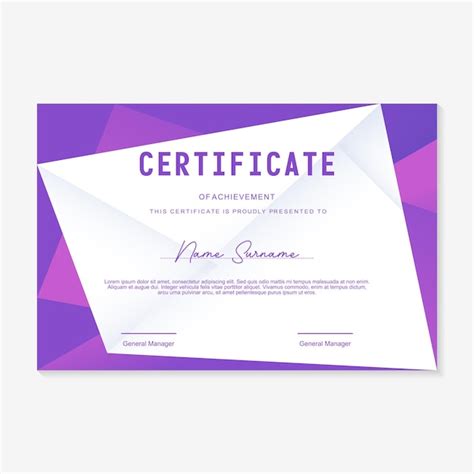 보라색 배경을 가진 인증서 디자인 템플릿 프리미엄 벡터