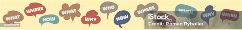 누가무엇을어디서언제왜방법 텍스트가 있는 다채로운 물음표 질문을 조사하고 해결하십시오 문제 해결 브레인 스토밍 영어 그림을