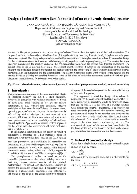 Pdf Design Of Robust Pi Controllers For Control Of An Exothermic Chemical Reactor