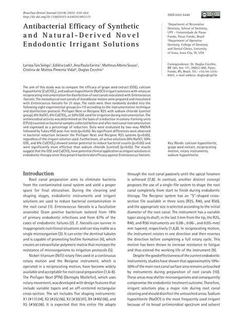Pdf Antibacterial Efficacy Of Synthetic And Natural Derived Novel Endodontic Irrigant Solutions