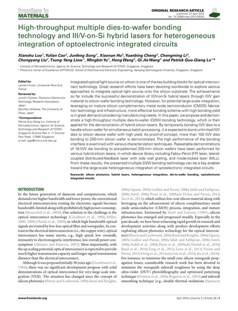 Pdf High Throughput Multiple Dies To Wafer Bonding Technology And Iii V On Si Hybrid Lasers