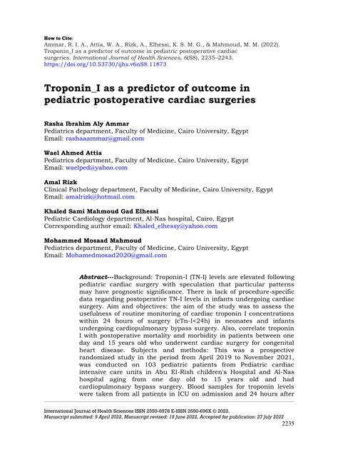 Pdf Troponin I As A Predictor Of Outcome In Pediatric Postoperative Cardiac Surgeries