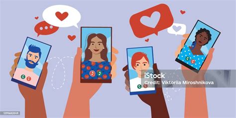 온라인 데이트 손으로 고립 된 스마트 폰 인터넷 데이트 장거리 온라인 로맨스의 개념으로 플랫 벡터 일러스트 개념에 대한 스톡 벡터 아트 및 기타 이미지 Istock