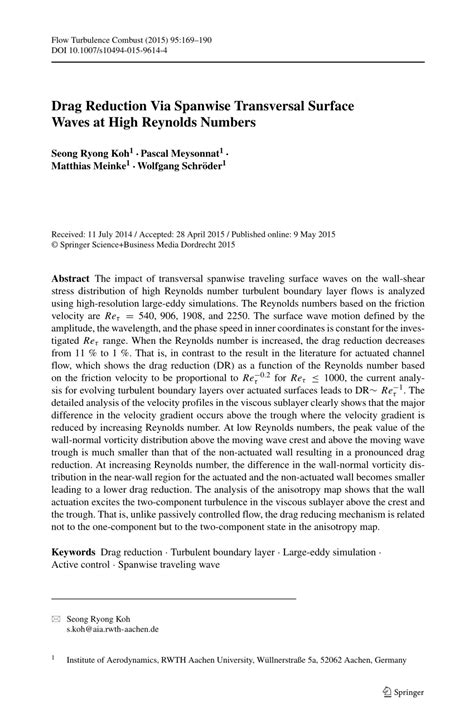 Pdf Drag Reduction Via Spanwise Transversal Surface Waves At High Reynolds Numbers