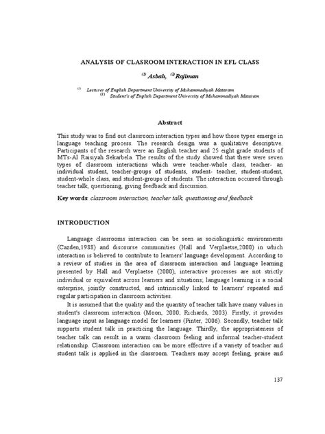 Analysis Of Classroom Interaction In Efl Class Pdf Teachers English As A Second Or Foreign