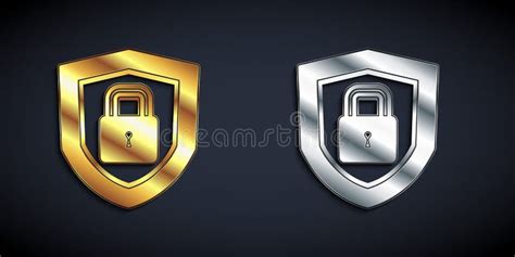 Gold And Silver Shield Security With Lock Icon Isolated On Black