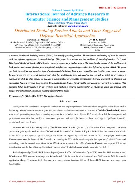 Pdf Distributed Denial Of Service Attacks And Their Suggested Defense Remedial Approches