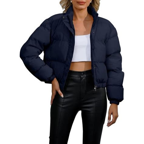 Flygo Womens Winter Cropped Puffer Jacket Zip Up Stand Collar Quilted